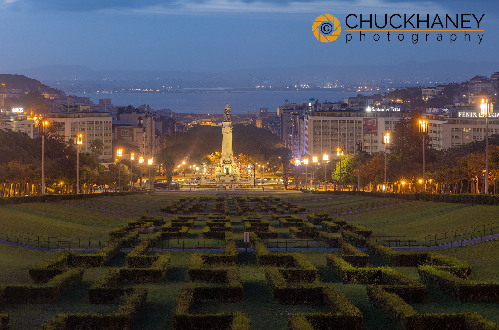 Monuments at dawn from Observation Deck Park Eduardo VII in Lisbon ...